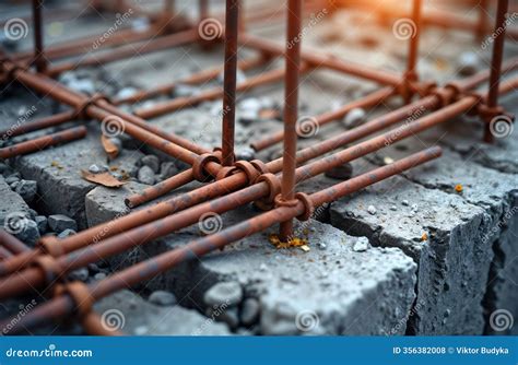 Rusty Rebar Grid Reinforcing Concrete Foundation Close Up Of Construction Site Metal Framework
