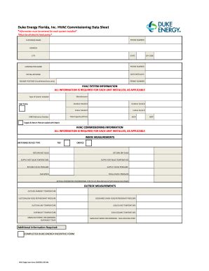 2013 2026 Form Fl Duke Energy Hvac Commissioning Data Sheet Blank