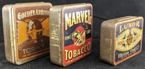 Lot Three Australian Litho Printed Tobacco Tins Golden Arrow Luxor And Marvel Early 20th Century