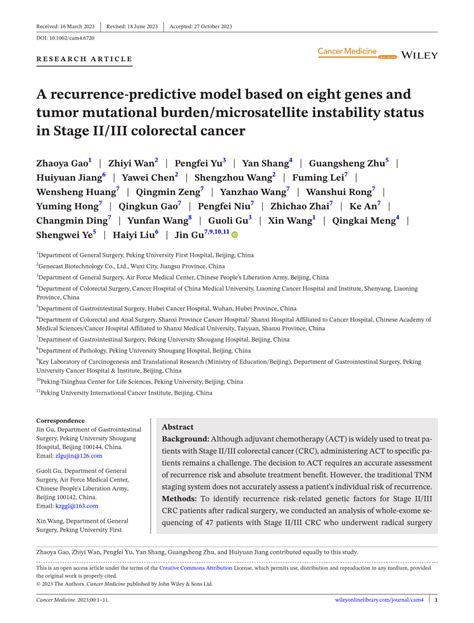 Pdf A Recurrence‐predictive Model Based On Eight Genes And Tumor Mutational Burden