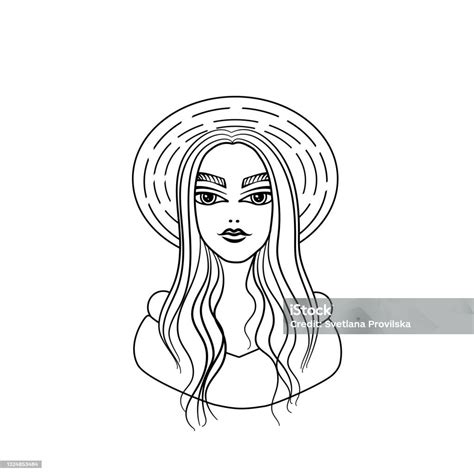 모자를 쓴 레이디는 심플한 일러스트를 착용합니다 화이트 배경에 고립 된 추상 패션 복고풍 세련된 소녀 초상화 뷰티 모델 실루엣