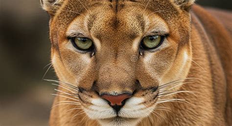 Close Up Of A Cougars Face With Striking Green Eyes The Fur Is A