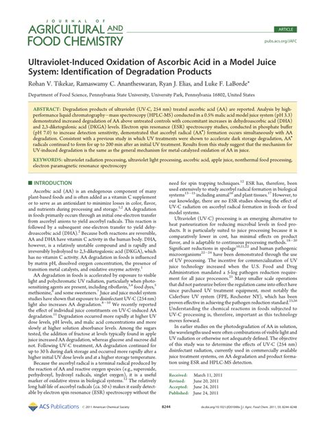 Pdf Uv Induced Oxidation Of Ascorbic Acid In A Model Juice System