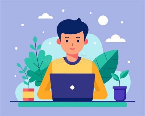 Graphic Designer Using Ai Technology For Work Vector Illustration Young Guy Sitting At Desktop
