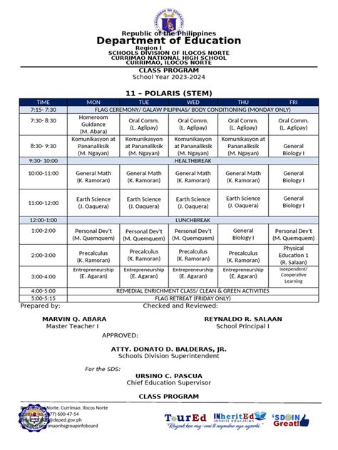 Shs Class Program 1st Sem 2023 2024 Pdf
