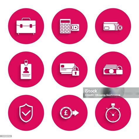자물쇠 동전 돈 파운드 스털링 기호 스톱 워치 돈 방패 체크 마크 식별 배지 봉투 동전 달러와 서류 가방 아이콘과 신용 카드를 설정합니다 벡터 0명에 대한 스톡 벡터 아트