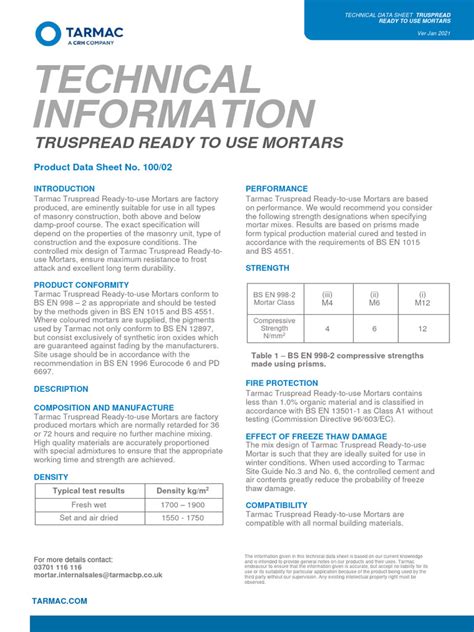 Technical Data Sheet Ready To Use Mortar Pdf Concrete Mortar