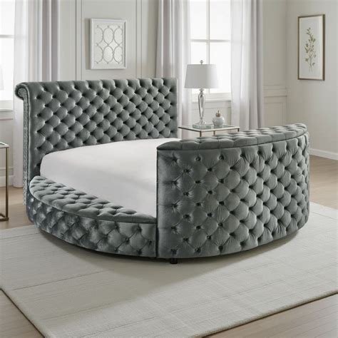 Buy King Round Bed W Tv Lift And Led Fireplace Gray Velvet Free Shipping Casagear