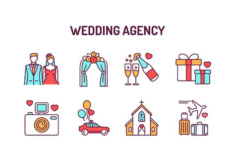 결혼 색상 선 아이콘 세트입니다 웨딩 에이전시 격리된 벡터 요소입니다 웹 페이지 모바일 앱 프로모션을 위한 그림 윤곽선 개념에 대한 스톡 벡터 아트 및 기타 이미지 Istock