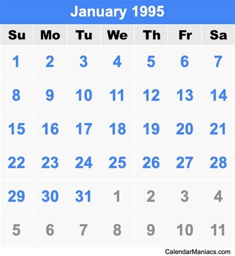 January 1995 Calendar
