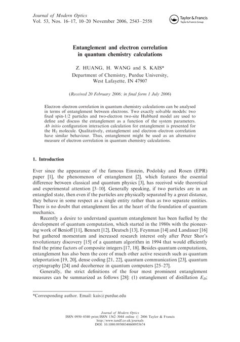 Pdf Entanglement And Electron Correlation In Quantum Chemistry