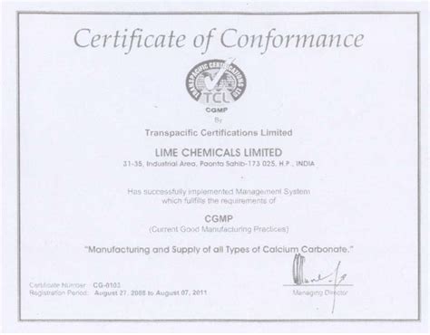Certifications Lime Chemicals