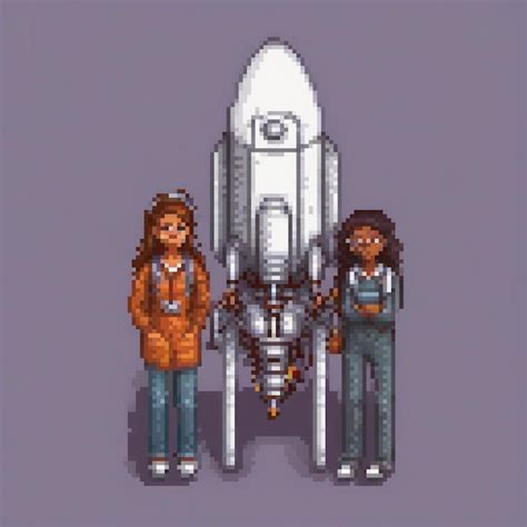 Pixel Art Depicting A Couple Beside A Space Shuttle Showcasing A Nostalgic Space Adventure