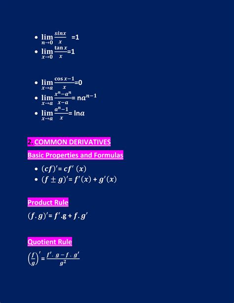 SOLUTION: Limits and derivatives formula sheet - Studypool