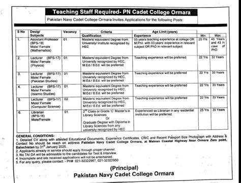 Teaching Vacancies 2025 In Pn Cadet College Ormara • Galaxy World