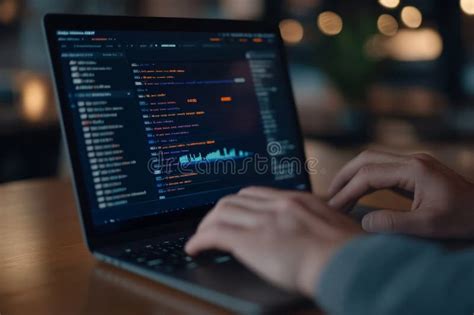 Late Night Coding Session In A Modern Cafe With Warm Lighting And A Focus On Laptop Screen Stock