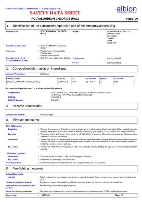 Polyaluminium Chloride Msds Download
