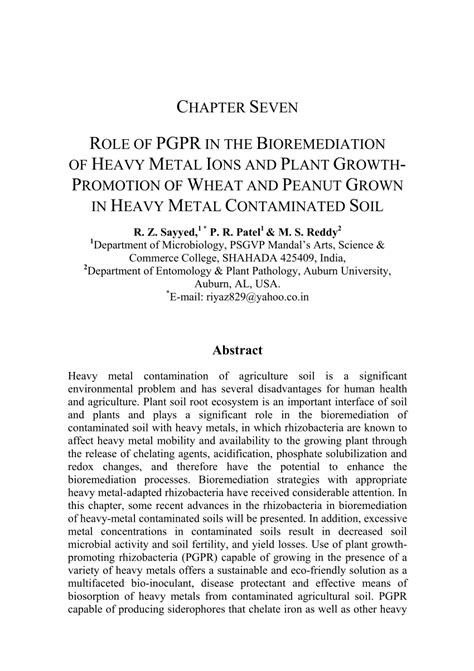 Pdf Role Of Pgpr In Bioremediation Of Heavy Metal Ions And Plant Growth Promotion Of Wheat And