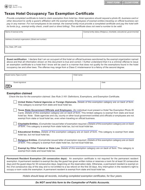 Form 12 302 Download Fillable PDF Or Fill Online Hotel Occupancy Tax ExemptForm Com