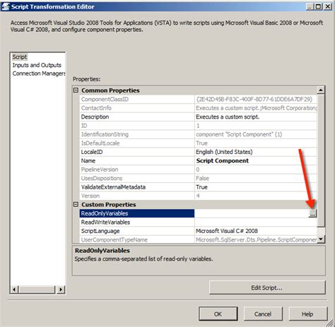 Ssis 2008 Parameter On Script Component Stack Overflow