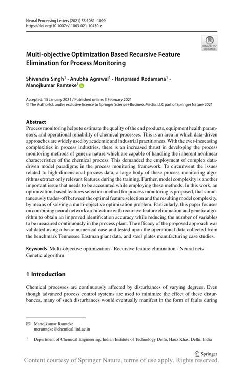 Multi Objective Optimization Based Recursive Feature Elimination For