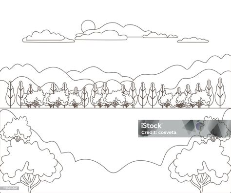 얇은 라인 개요 풍경 농촌 농장입니다 파노라마 야외 디자인 마을 산 언덕 나무 하늘 구름과 태양 현대 라인 아트 Stile 추상 Backround 선형 벡터 일러스트 레이