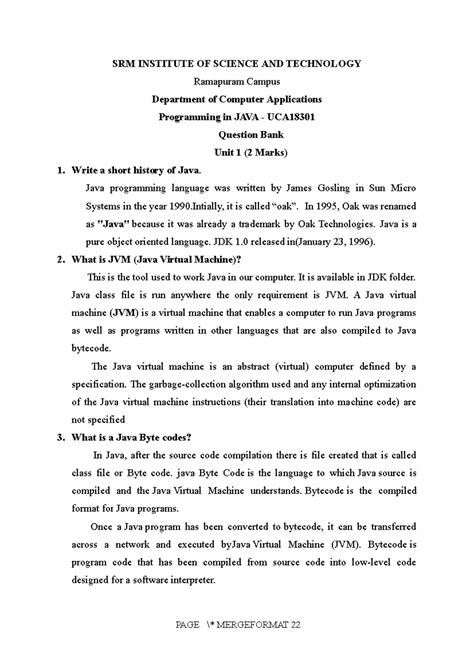 Qb Java 100 Srm Institute Of Science And Technology Ramapuram Campus Department Of Computer