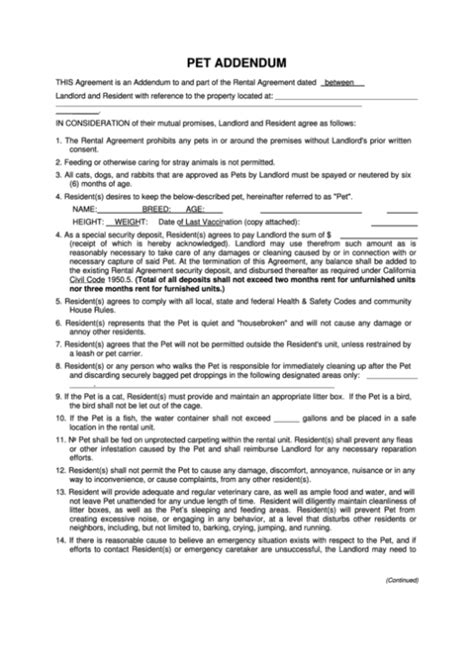 Pet Addendum To Lease Agreement Template Midi