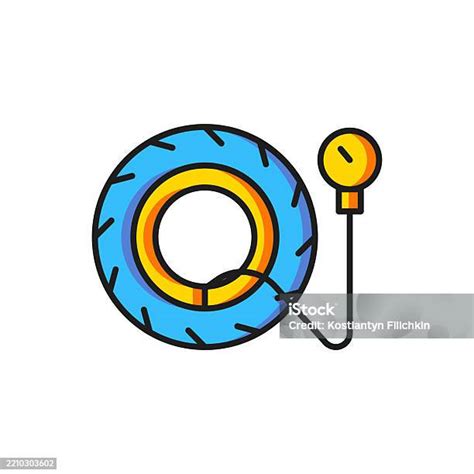 색상 타이어 압력계 아이콘 흰색 배경에 분리되어 있습니다 타이어 공기압 점검 게이지 압력계 자동차 안전 개념 그림자가 있는 평평하게 채워진 윤곽선 스타일입니다 벡터 가득