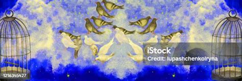 유행 삽화 현대 미술 작품 캔버스 비유 수평 기호 그림 무료 조류 비둘기 하늘과 구름과 열린 새장에 금 알갱이를 피킹에 원래