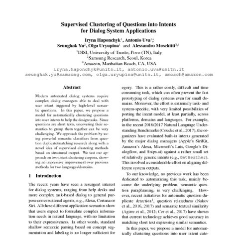 Supervised Clustering Of Questions Into Intents For Dialog System
