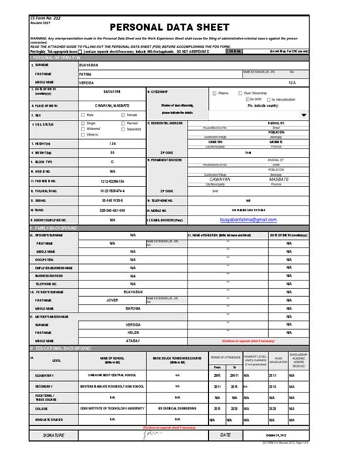 Cs Form No 212 Personal Data Sheet Revised Buayaban Pdf