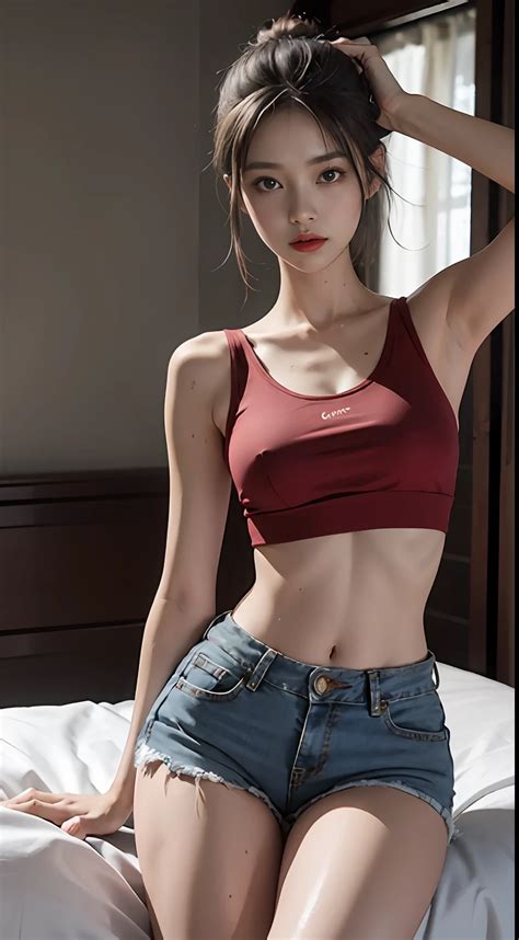 Girl In Red Bra And Tight Denim Skirt Posing For Photo Full Body With