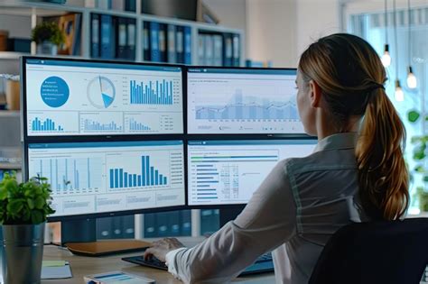 Professional Woman Analyzing Data Graphs And Charts On Dual Monitors