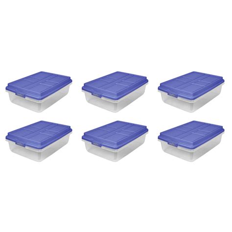 Hefty 40 Qt Clear Plastic Storage Bin With Blue Hi Rise Lid 6 Pack