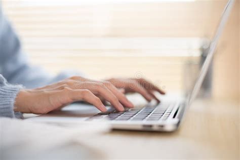 Close Up Of Hand Pressing On Laptop Keyboard Type Chat To Communicate Via Computer Stock Image