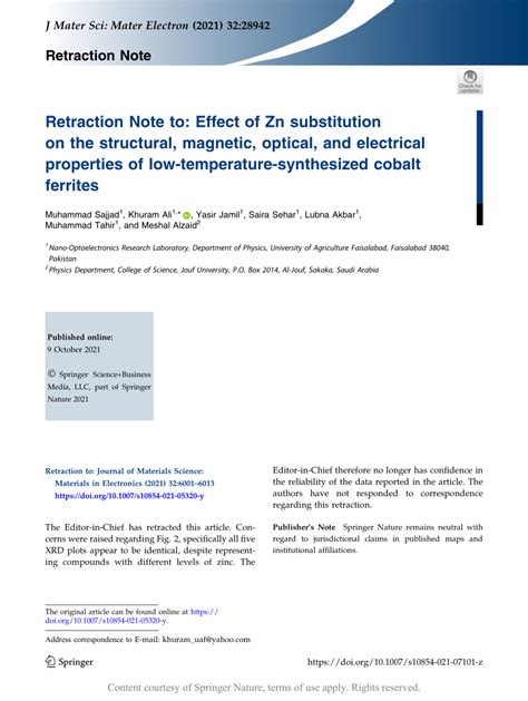 Retraction Note To Effect Of Zn Substitution On The Structural