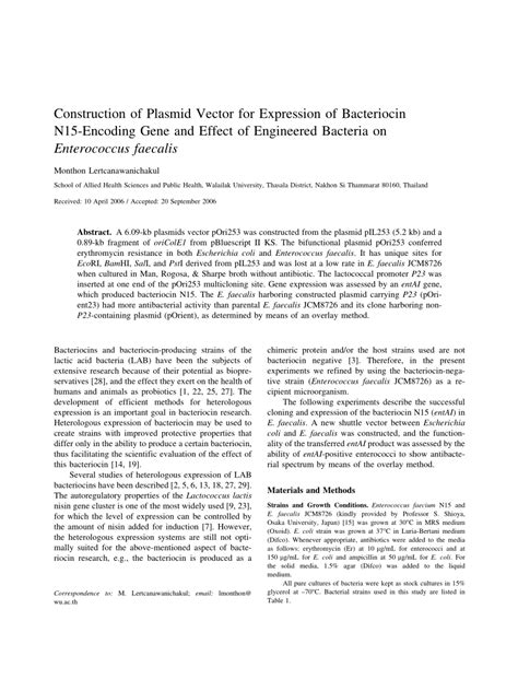 Pdf Construction Of Plasmid Vector For Expression Of Bacteriocin N15 Encoding Gene And Effect