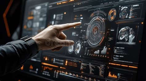 Hand Interacting With Futuristic Digital Interface Displaying Data