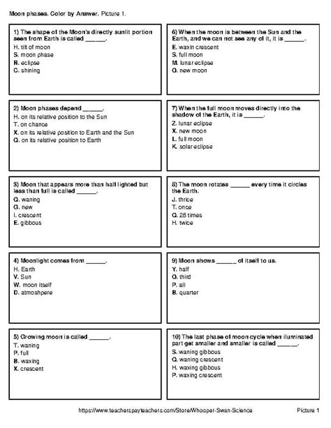 Moon Phases Science Quiz And Mystery Pictures Color By Answer Cats
