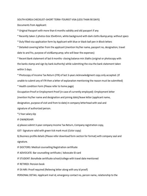 South Korea Checklist Short Term Tourist Visa Without Fee Pdf