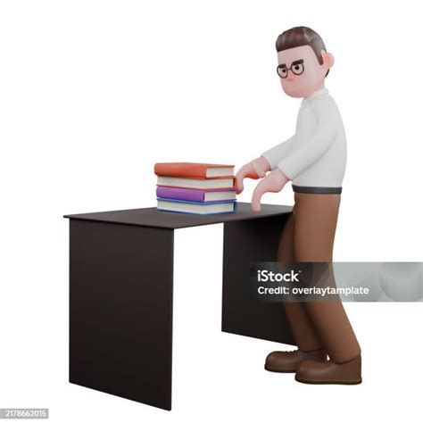 3d의 전문 사회학자 캐릭터 한 남성 사회학자가 서서 자기 앞의 탁자 위에 놓인 책 몇 권을 만지려고 한다 만화 일러스트 만화에 대한 스톡 사진 및 기타 이미지 Istock