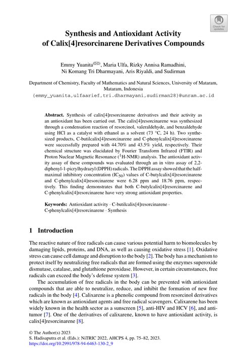Pdf Synthesis And Antioxidant Activity Of Calix 4 Resorcinarene Derivatives Compounds