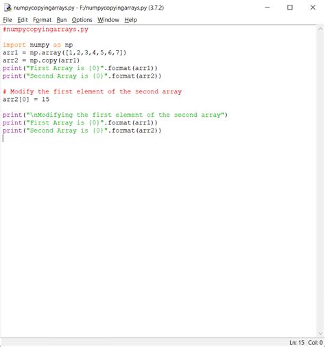Python Code Of Copying Arrays In Numpy And Modifying The First Element Of The Second Array