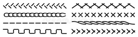 set stitch sewing machine cut lines sewing stitches set seam vector