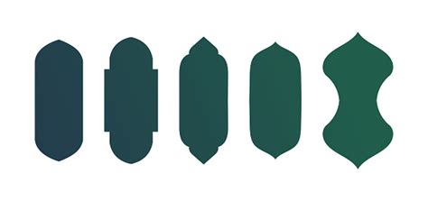 이슬람 아치 모스크 창문 모양 녹색 파란색 그라데이션 색상의 프레임 컬렉션 전통적인 아라비아 플랫 디자인 요소와 장식 무슬림 건축 기하학적 디자인 벡터 일러스트 레이 션 0