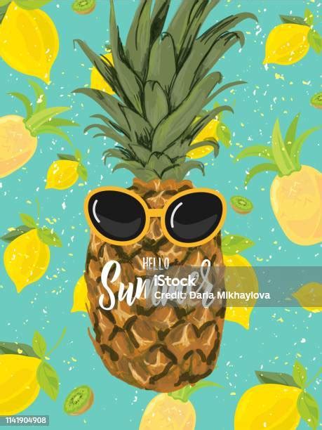 파인애플과 레몬 로고 전단지 라벨 아이콘 엽서 카드 초대장 배너 템플릿으로 선글라스와 함께 여름 손 글자 텍스트입니다 특별 여름 판매 타이포 그래피 포스터입니다 선글라스에