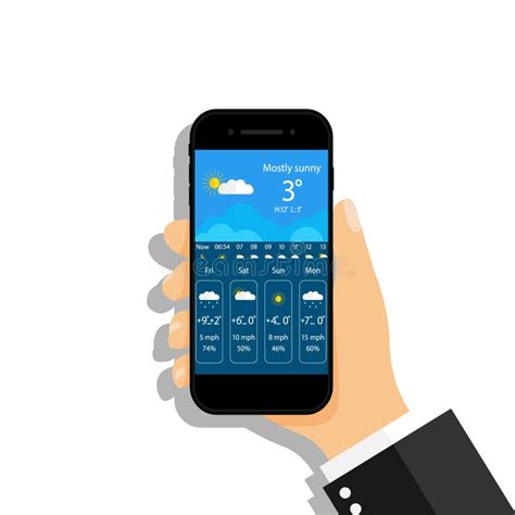 Weather Forecast In Phone Weather Widget With Interface In Smartphone Screen Stock Vector