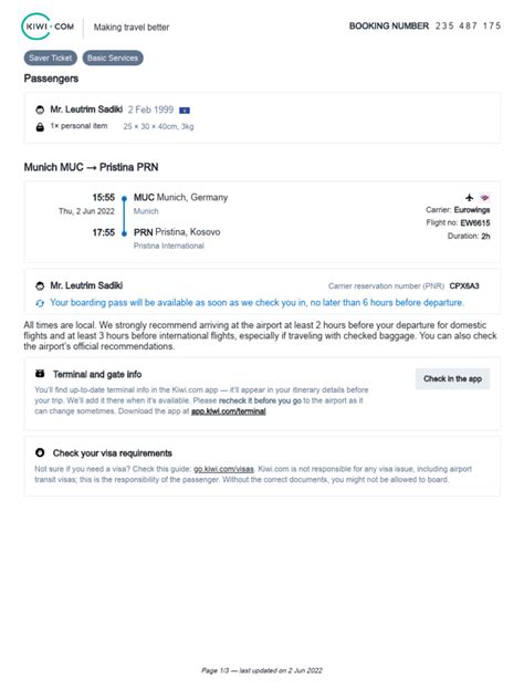 Bileta E Airoplanit 2 Qershor Pdf Travel Visa Airport