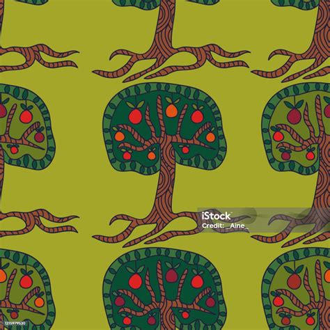 숲 녹색 낙서 원활한 패턴입니다 판타지 사과 나무와 배경 포장지 섬유 디자인 인사말 카드 그래픽 디자인을위한 끝없는 꽃 패턴